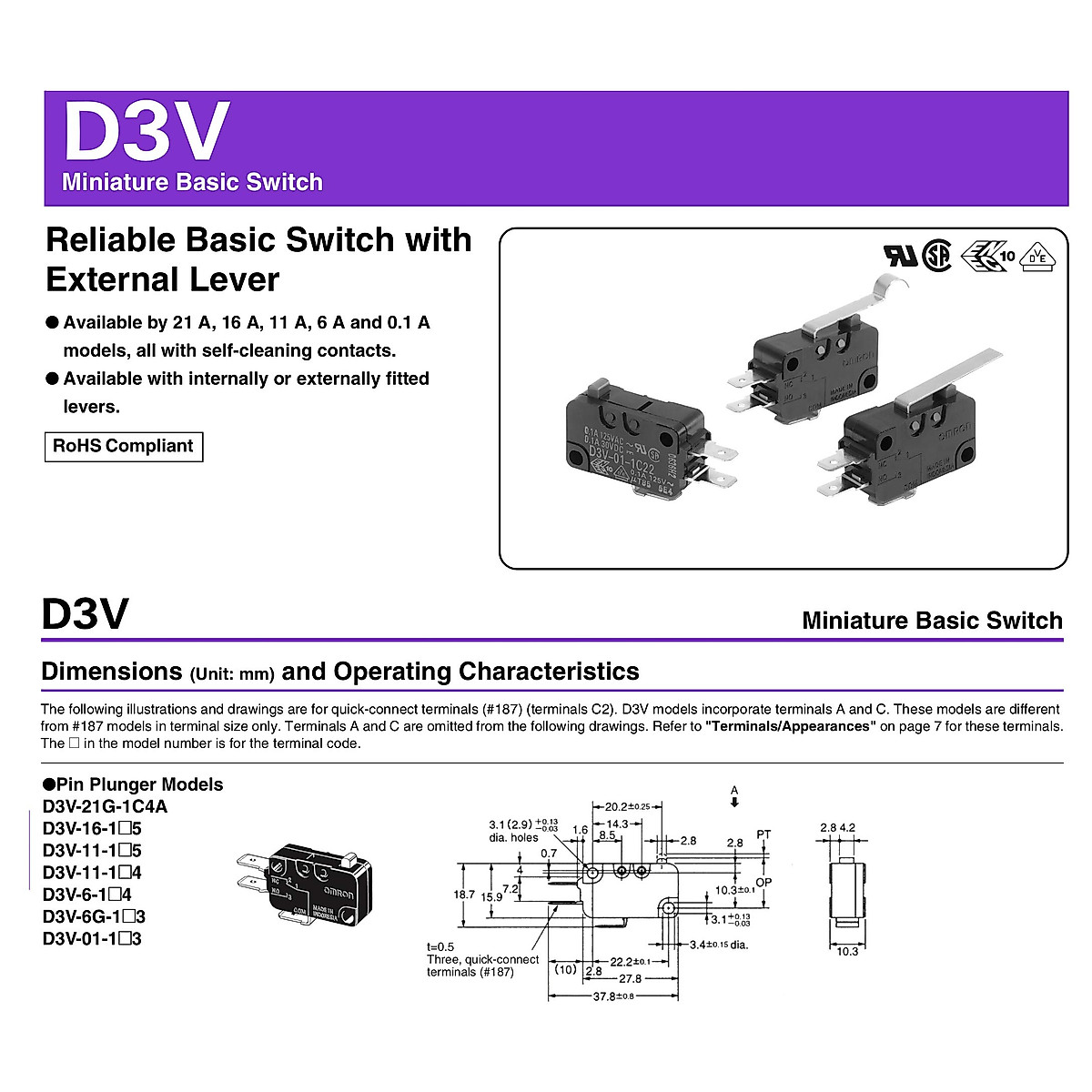 Snap Micro Switch D3V-16G-1C25 D3V-16G-3C25 Microwave Oven Normally Open for Frigidaire 5304440026 Microwave (Pack of 2)