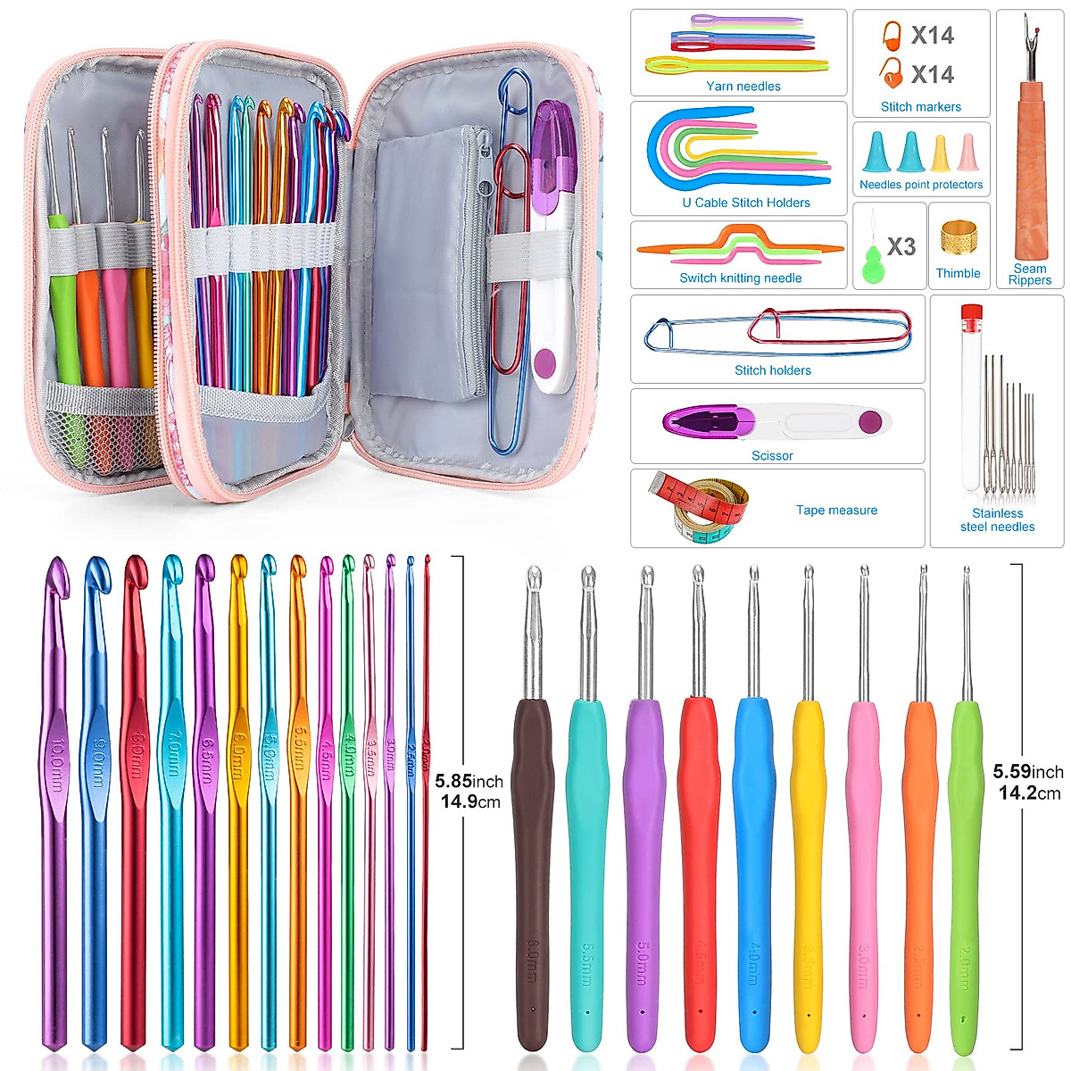 Vodiye Crochet Hooks, 89 Pcs Crochet Hooks Set with Case, Coloured Ergonomic Crochet Hooks and Crochet Needle Accessories, Crochet Needles Kit for Beginners and Experienced Crochet Hook Lovers