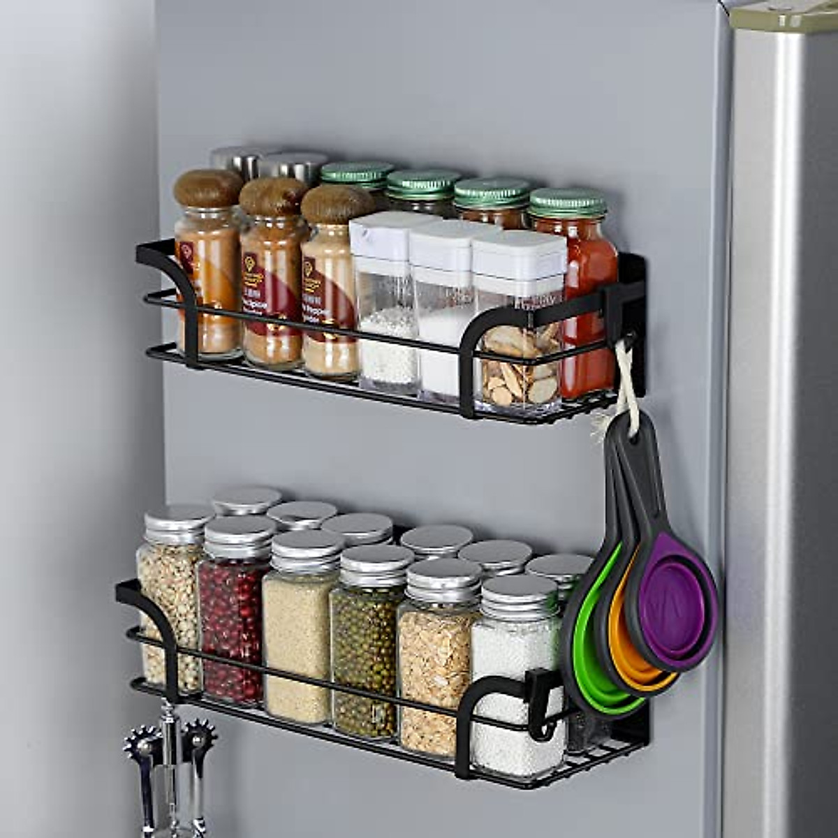 Taozun Magnetic Shelf/Magnetic Spice Rack for Refrigerator - 2 Packs Spice Storage Organizer with 4 Removable Hooks Seasoning Rack for Fridge Kitchen Apartment RV (Black, Steel)