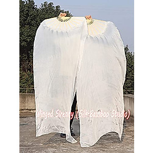Winged Sirenny Belly Dance Silk Fan Veils Adjustable Pairs, 70"(180 cm) Worship Praise Flags Streamers(white)
