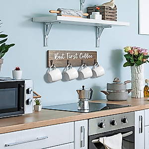 Bivvclaz Coffee Mug Holder Wall Mount, Acacia Wood Coffee Cup Holder, But First Coffee Rustic Wood Wall Sign, Mug Hanger Organizer Shelf Rack, Farmhouse Kitchen Decor and Coffee Bar Accessories