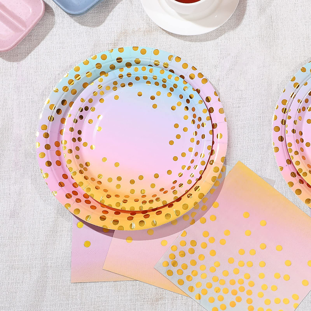 Boocikey 150PCS Pastel Rainbow Plates and Napkins Party Supplies Golden Dot Pastel Paper Plates Disposable for 50 Guests Pastel Rainbow Party Decorations for Pastel Party Decorations