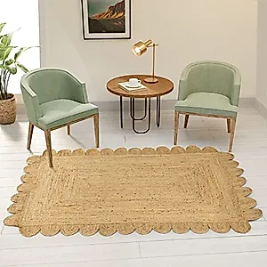 GRUHUM Scalloped Jute Area Rug 4&#039;x6&#039; ft Natural Fibre Rectangular Handwoven Boho Reversible Farmhouse Soft Braided Rustic Vintage Rug Indoor Outdoor Livingroom Bedroom Kitchen Hallways Enterways