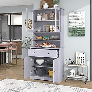 70.9" Freestanding Kitchen Pantry, Kitchen Cupboard Storage Cabinet with Glass Doors and Large Drawer Tall Pantry Cabinet Cupboard with Adjustable Shelves for Dining Room, Living Room, Antique White