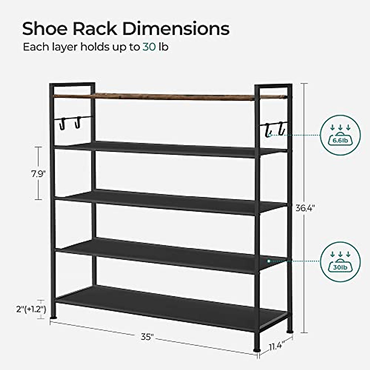 SONGMICS Shoe Rack Storage Organizer 5 Tier, Metal Shoe Rack Storage Shelf for Closet Entryway, Sturdy Large Shoe Stand for 20-25 Pairs with 4 Hooks, Adjustable Feet, 5 Fabric Shelves, Not Wooden Top