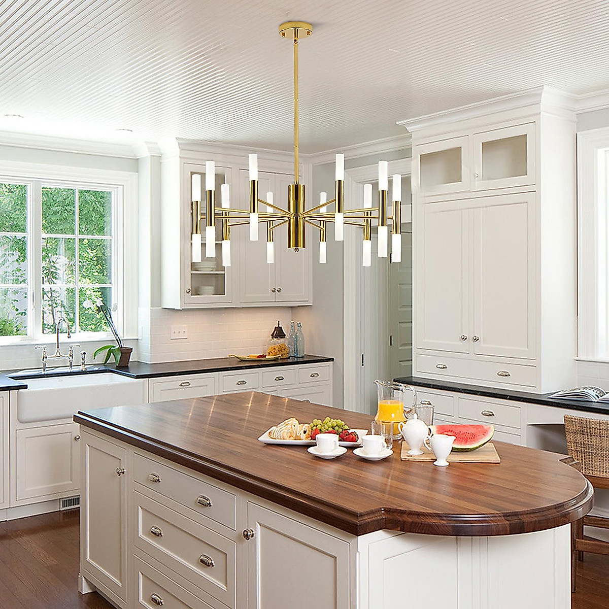 BOKT Modern Small 20-Lights LED Sputnik Chandelier Brushed Brass Gold Sputnik Chandelier Mid Century Modern Globe Wall Sconce Set of Two Plug in Cord Brushed Gold Bathroom Wall Sconce Light