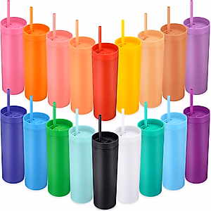 Raiten 27 Pieces Skinny Tumbler Cups with Lids and Straws 16 oz Acrylic Tumblers Bulk Colored Matte Tumblers Reusable Double Wall Plastic Mugs Cold Hot Drinks Water Bottles for Women Teacher DIY Gifts