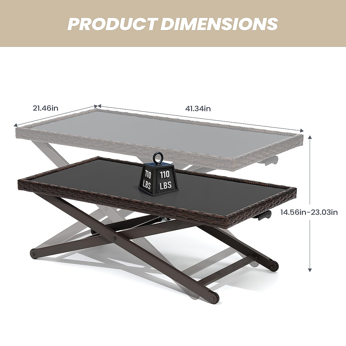 JOINHOM Patio Coffee Table Height Adjustable - Outdoor Coffee Side Table with Waterproof, Rust-Proof, Patio Tables Rectangle Coffee Tables Fit with Patio Conversation Set, Dark Brown