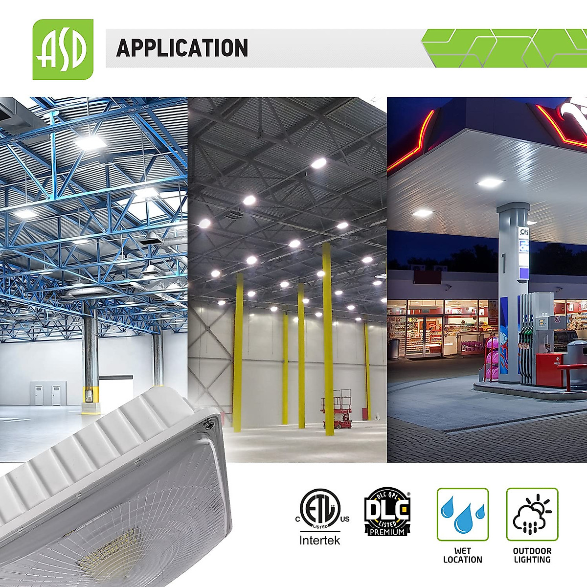 ASD LED Canopy Light Outdoor, 70W 8400 Lm Dimmable, Daylight 5000K, 120-277VAC 175W HID/MH Replacement, IP65 Waterproof Gas Station and Garage Ceiling Light 9.6" x 9.6", ETL & DLC Listed, White Finish