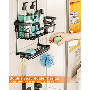 SWTYMIKI 3 Tier Rustproof Hanging Shower Caddy with 16 Hooks & Dual Soap Holder, Large Capacity Over Shower Organizer for Bathroom Shower Room, Black