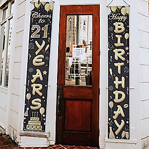 Happy Birthday Banner 21st Birthday Decorations Banners Cheers to 21 Years Birthday Party Supplies Black Gold Welcome Porch Sign for Men, Him, Indoor, Outdoor Party Decor