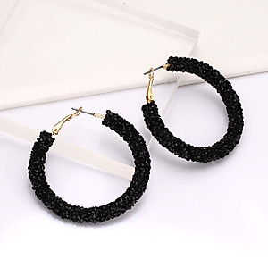 NLCAC Glitter Hoop Earrings Bohemian Sparkle Resin Rhinestone Wrapped Hoop Dangle Earrings for Women Black