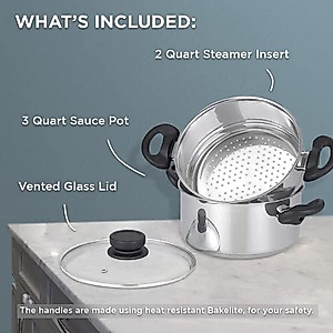 Nevlers 3 Piece Premium Heavy Duty Stainless Steel Steamer Pot Set Includes 3 Quart Cooking Pot, 2 Quart Steamer Insert and Vented Glass Lid | Stack and Steam Pot Set for All Cooking Surfaces