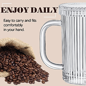 Suclain 4 Pieces Glass Coffee Mugs Clear Vertical Stripes Tea Mug with Lid and Spoon Ribbed Glasses for Espresso Milk Chocolate Latte Juice Anniversary and Birthday, 11.8 oz