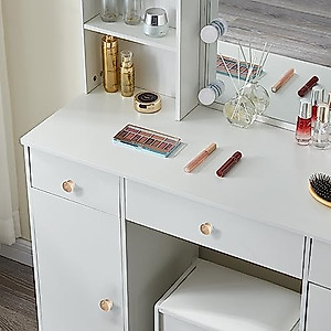 Large Vanity, Vanity Desk with Mirror & Lights,White Vanity Set Makeup Table with 3 Drawer & 3 Level Storage Dresser,2 Cabinets,Bedroom Dressing Table