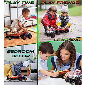 Mozlly Monster Truck Toys Set with Trailer Toy Boat - Friction Powered Hauling Truck and Trailer Toy, Big Toy Monster Truck with Boat, Adventure Truck Pulling Boat Toy Monster Trucks for Kids - 9 Inch