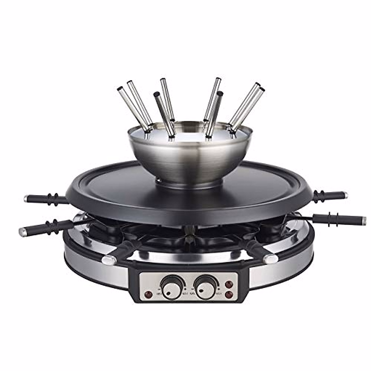 GIVENEU Electric Fondue Pot Sets with Barbecue Grill, 600ml Fondue Pot with 8 Forks and Electric Raclette Barbecue Grill, Dual Adjustable Thermostats, Perfect Fondue Grill Combo for Family Fun