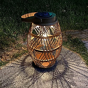 pearlstar Outdoor Solar Lanterns Light Rattan Bamboo Lamp with Handle for Hanging or Table Lamp for Patio Yard Garden Wedding Home Decoration, Edison Bulb, Auto on/Off(Style2)