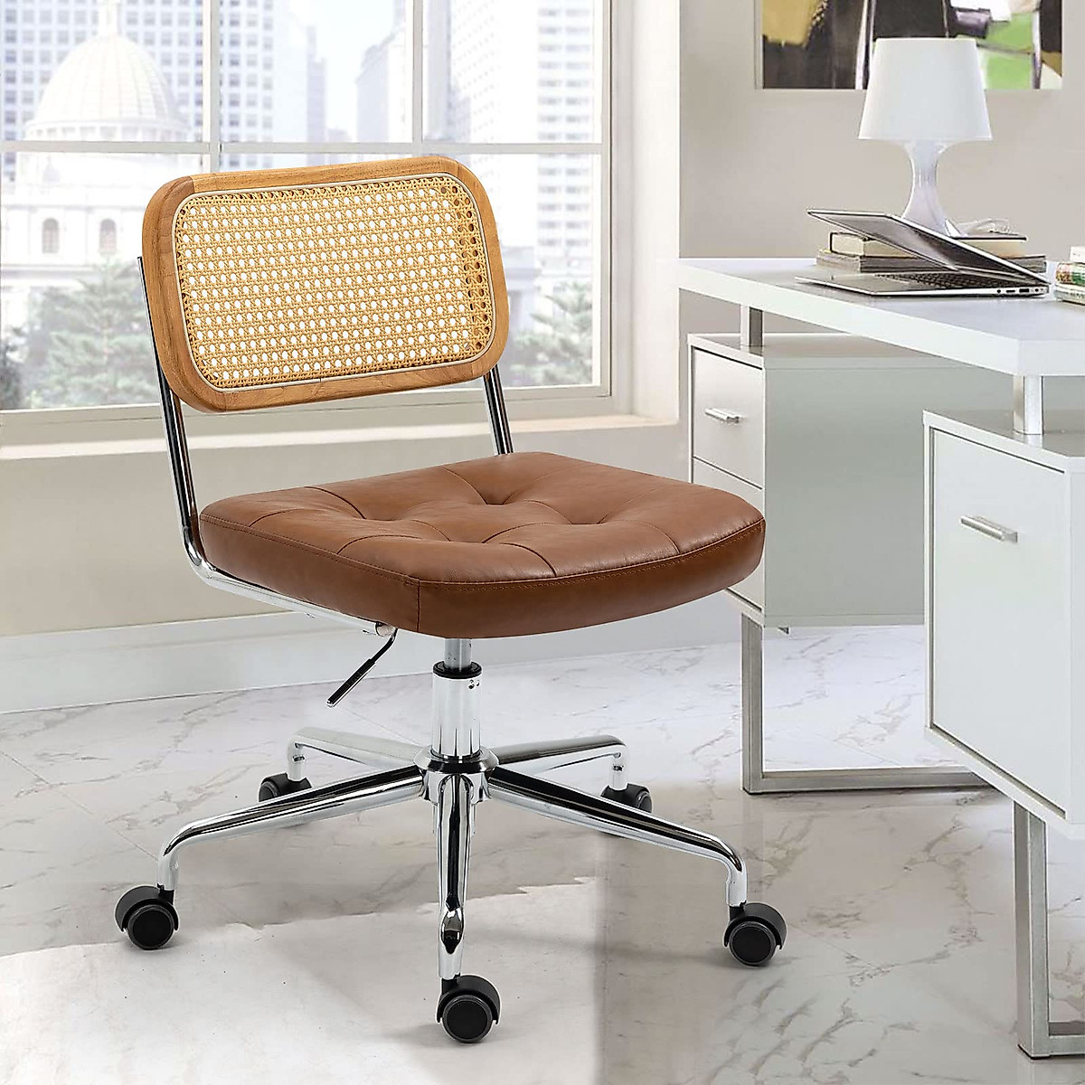 Newnno Armless Home Office Chair with Wheels, Modern Leather Desk Chair with Rattan Back for Office Study, Adjustable Upholstered Tufted Swivel Computer Task Chair, Brown