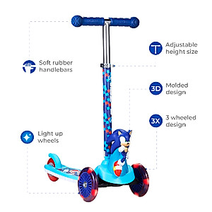 Sonic The Hedgehog 3D Kick Scooter for Kids, Self-Balancing 3 Wheeled Light Up Scooter with Extra Wide Anti-Slip Deck, Rear Brake, Lean to Steer, Lightweight Design, for Kids 3 and up, 75 LB Limit