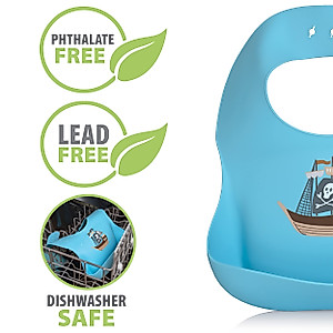 Beanie Kate Silicone Feeding Bib,Durable Pocket Adjustable Strap BPA Free Silicone Waterproof Easy Cleanup Comfortable for Babies & Toddlers (Pirate Ship),Blue,6 month2 years