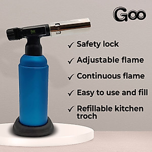 Goo Sticks Butane Torch, Reusable Kitchen Blazer- Butane Culinary Blow Lockable Torch-Locked Heavy Flame with Double Flame for Best Cooking for Food, Baking, BBQ or any other purpose - blue