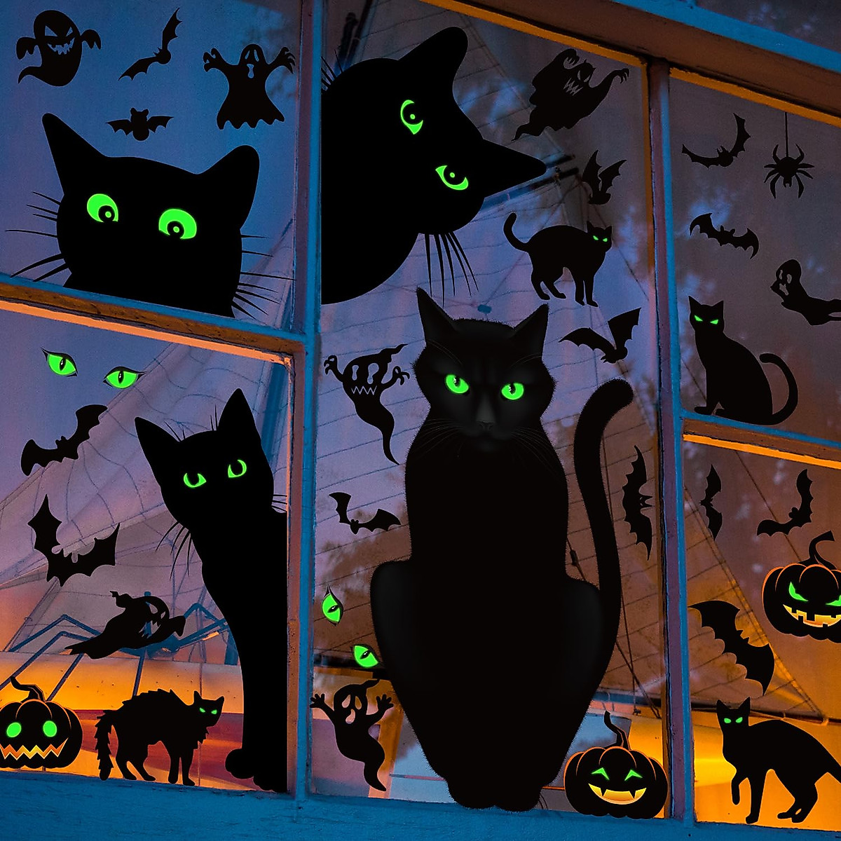 Quera Large Halloween Window Clings Black Cat Window Decorations Glow in The Dark Spooky Pumpkin Window Stickers Halloween Silhouette Window Stickers for School Home Office Party Decals, Double-Side