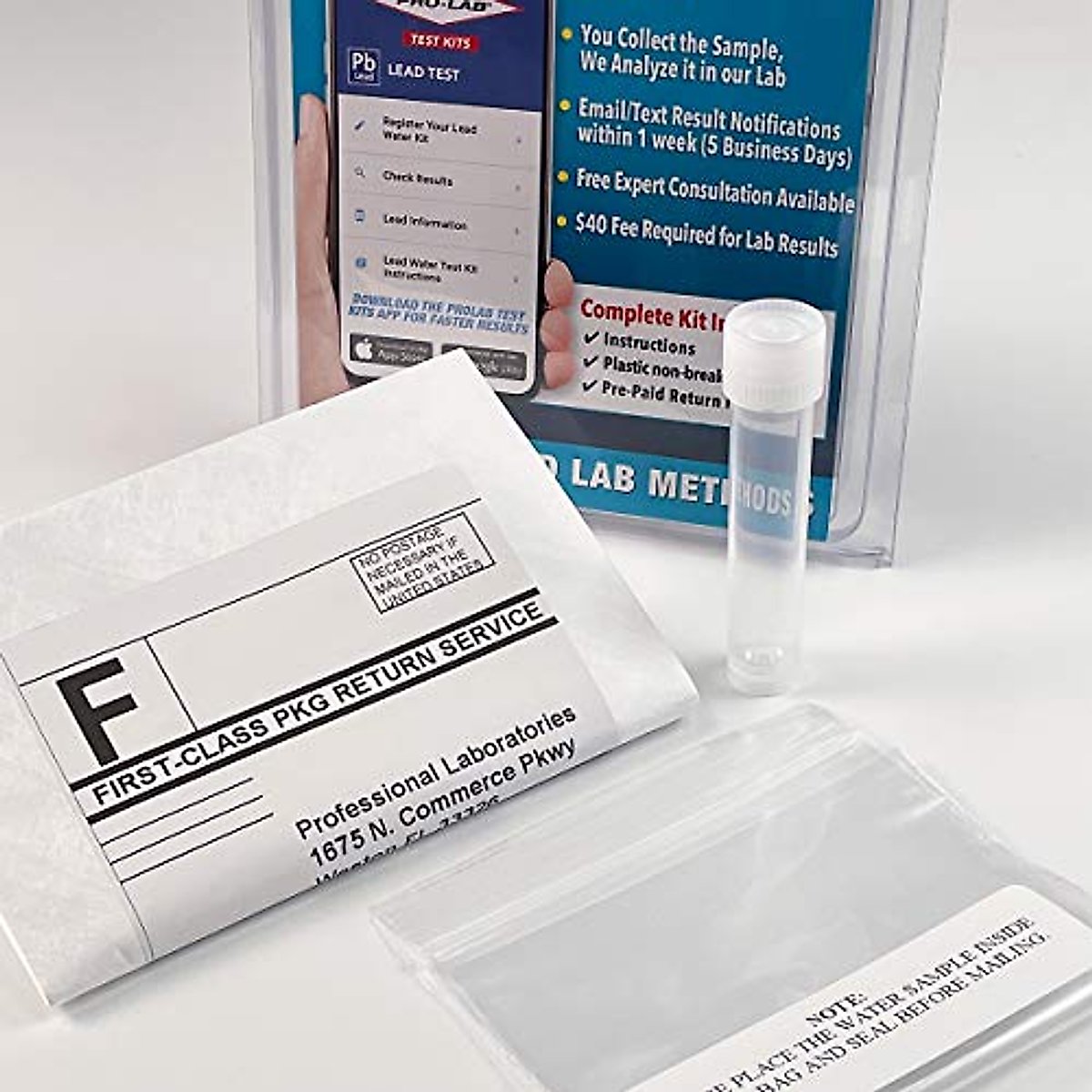 PRO-LAB Lead in Drinking Water Test Kit - Same kit used by Home Inspectors. You collect the sample, we analyze it. Results emailed within 1 week. $40 lab fee required for EPA Certified Lab analysis.