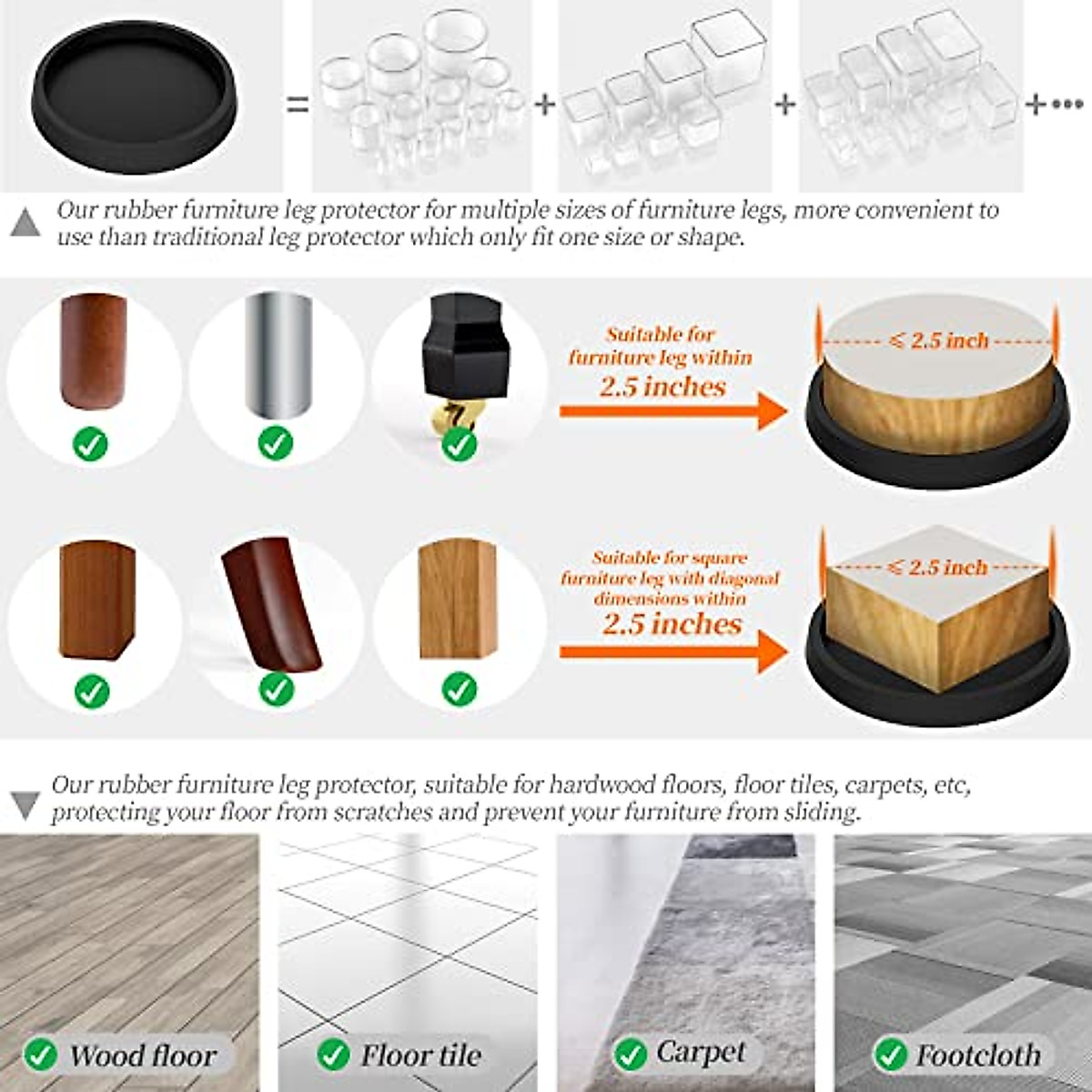 Furniture Leg Coasters 8Pcs Caster Cups 2.5”Non Slip Rubber Pads Hardwood Floors Protectors for Sofa Bed Piano Chair Leg Anti Slide Floor Protector