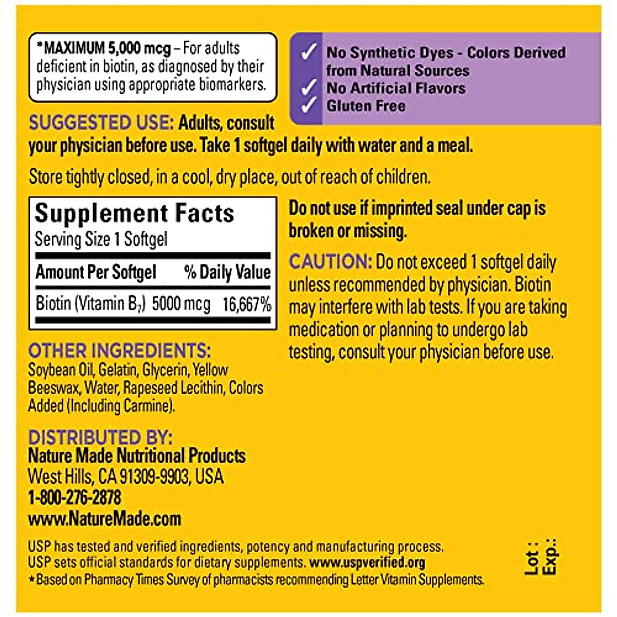 Nature Made Maximum Strength Biotin 5000 mcg, Dietary Supplement may help support Healthy Hair, Skin & Nails, 120 Softgels