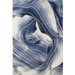 Abani Blue & Ivory Metallic Contemporary Ribbon Area Rug, Rugs Swirl Design Neutral Non-Shed 6' x 9' Bedroom Rug