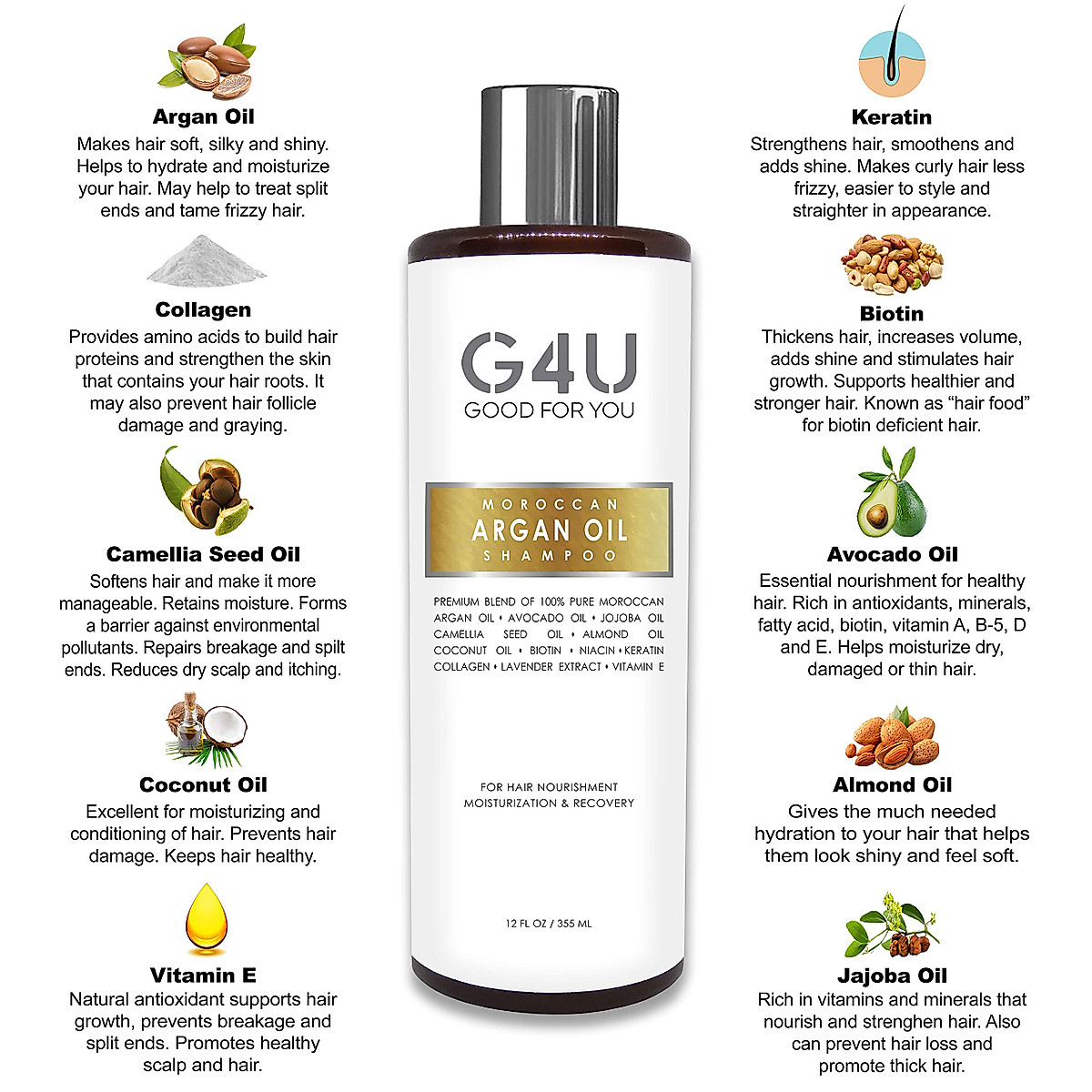 G4U Sulfate Free Shampoo with Argan Oil for Women and Men, All Hair Types, Dry, Damaged, Frizzy and Color Treated Hair. Natural Volumizing Moisturizing. For Home, Salons and Spas.12 Fl Oz