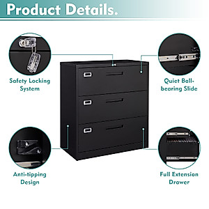 MIIIKO Lateral File Cabinet 3 Drawer, Metal Filing Cabinet with Lock for Home Office, Large Storage File Organizer for Hanging File Folders,Easy Assemble