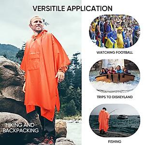 PTEROMY Hooded Rain Poncho for Adult with Pocket, Waterproof Lightweight Unisex Raincoat for Hiking Camping Emergency (Orange)