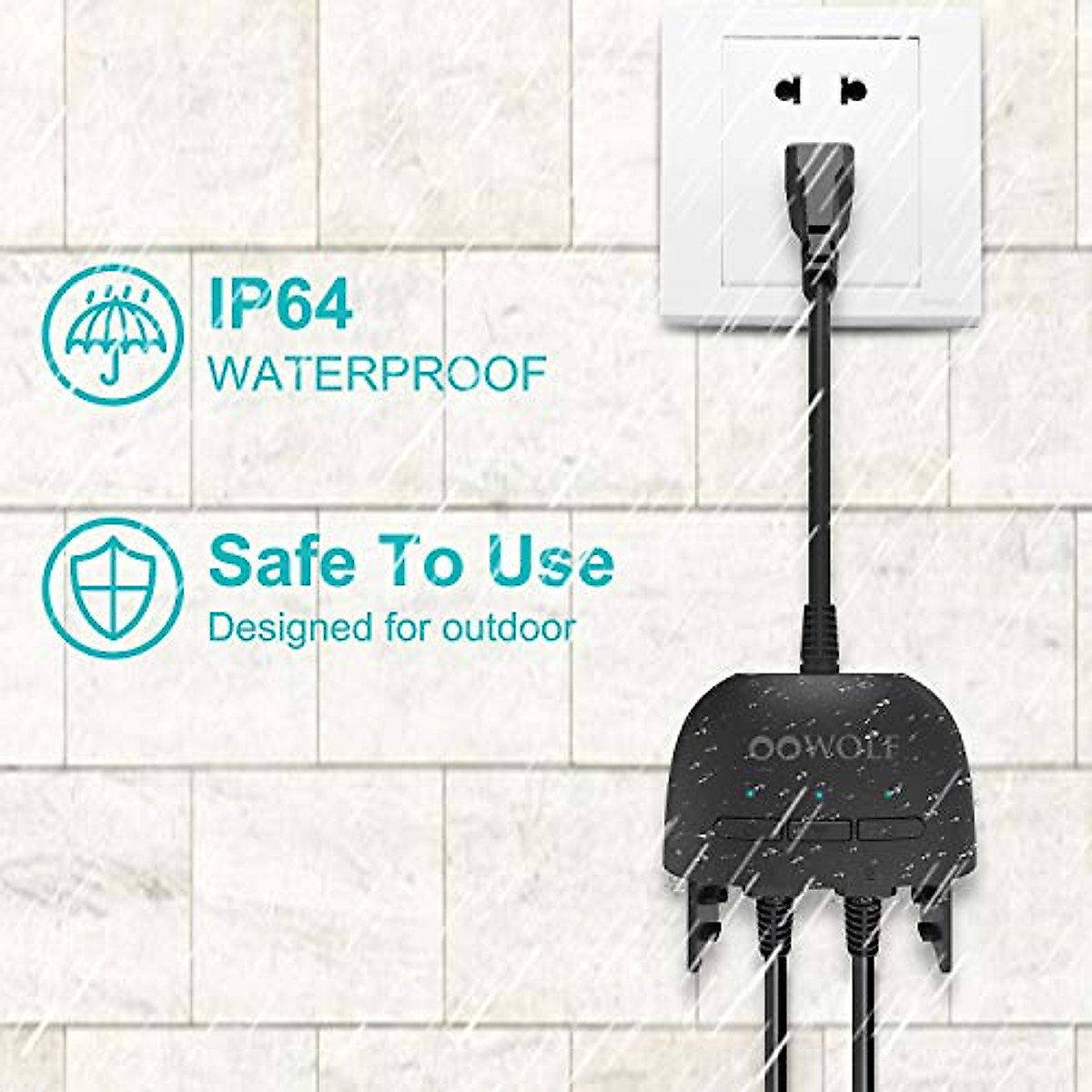 OOWOLF Outdoor Smart Plug with 2 Sockets, IP64 Waterproof WiFi Outlet Compatible with Alexa and Google Home, Wireless Remote Control/Timer by Smart Phone, Individual Control, 2.4 GHz Network, Black