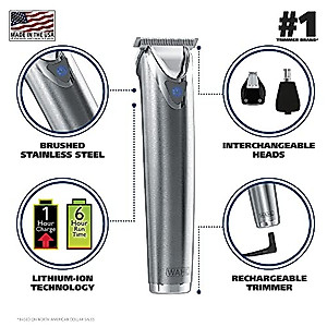 Wahl Stainless Steel Lithium-Ion Cordless Beard Trimmer for Men – Rechargeable All in One Men’s Trimmer with Rotary Ear & Nose Trimmer, & Detail Trimmer – Model 9818A