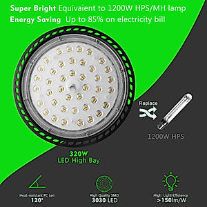 ANTLUX LED High Bay Light 320W 48000lm 5000K High Bay LED Shop Lights with US Plug Equiv.to 1200W MH/HPS High Bay LED Lights AC100-277V-6 Pack
