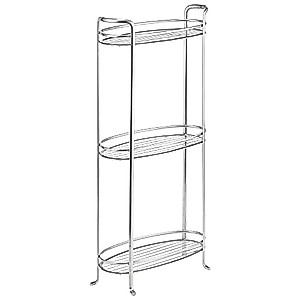 mDesign 3 Tier Vertical Standing Bathroom Shelving Unit, Decorative Metal Storage Organizer Tower Rack with 3 Basket Bins to Hold and Organize Bath Towels, Hand Soap, Toiletries - Chrome
