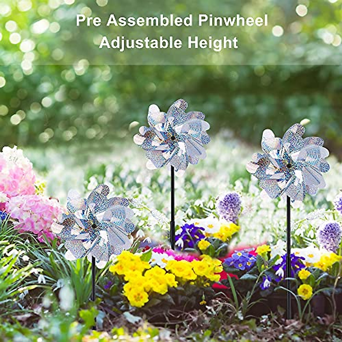 10 Pack Reflective Pinwheels with Plastic Stakes| 19.7 inch Pre-Assembled Sparkle Pin Wheel Set | Scare Off Birds and Animals Away | Decorative for Garden, Yard, Lawn