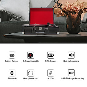Vinyl Record Player 3 Speed Turntable with Bluetooth, USB/SD Play&Recording, Built in Battery, Line Out, AUX in, Earphone Jack, Replacement Needle