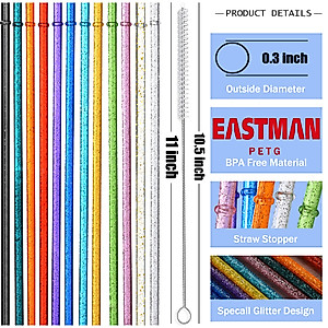 ALINK 12-Pack Glitter Reusable Clear Plastic Straws, 11" Long Hard Tumbler Drinking Straws with Cleaning Brush (10 Colors)