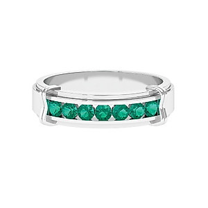 Rosec Jewels Natural Emerald 7 Stone Wedding Band, AAA Quality, Certified Emerald Anniversary Ring - Ready to Gift, 14K White Gold, Size:US 10.00