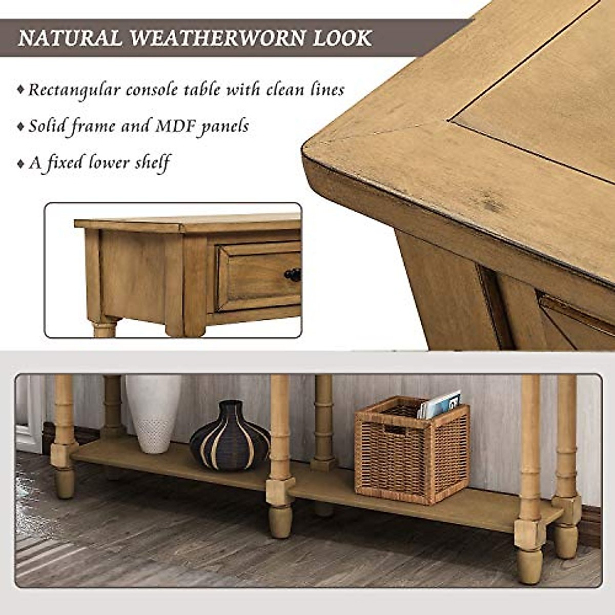 P PURLOVE Retro Console Table Sofa Table for Entryway with Drawers and Shelf Living Room Table (Old Pine)