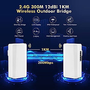 Outdoor Wireless Bridge, Point to Point WiFi Bridge, 2.4GHz 500M-1KM Distance, 2X 100Mbps Ethernet Port, 24V PoE Adapter, 2 Pack