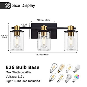 stambord 3 Light Bathroom Vanity Light, Black and Gold Bathroom Light Fixtures, Sconces Wall Lighting with Glass Shade, Modern Brushed Gold Vanity Lights for Bathroom, Bedroom, Hallway