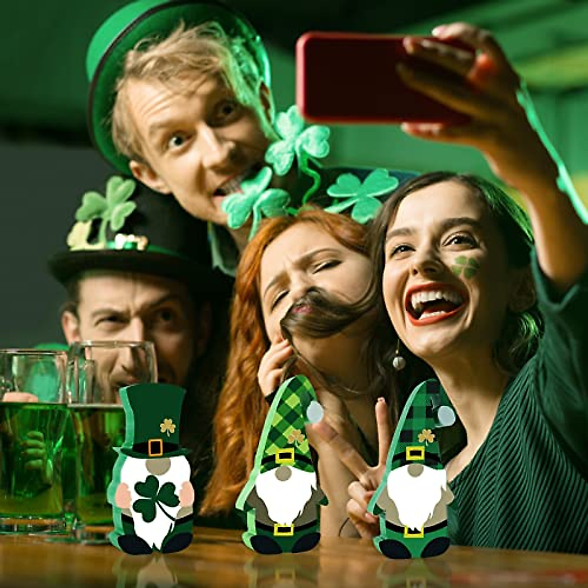 St. Patrick's Day Decorations Gnomes Table Sign - 3pcs Wooden Scandinavian Tomte Shamrock Clover Lucky Table Centerpiece, Green Home Office Irish Themed Party Decor