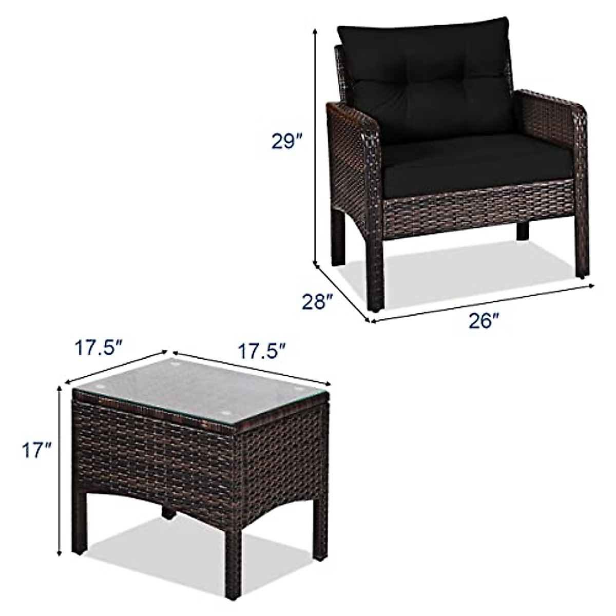 Tangkula 3 Piece Outdoor Patio Furniture Set, Wicker Chairs Set with Glass Top Coffee Table, Thick Cushions, All Weather Garden Lawn Poolside Backyard Porch Furniture Set for 2 (Black)