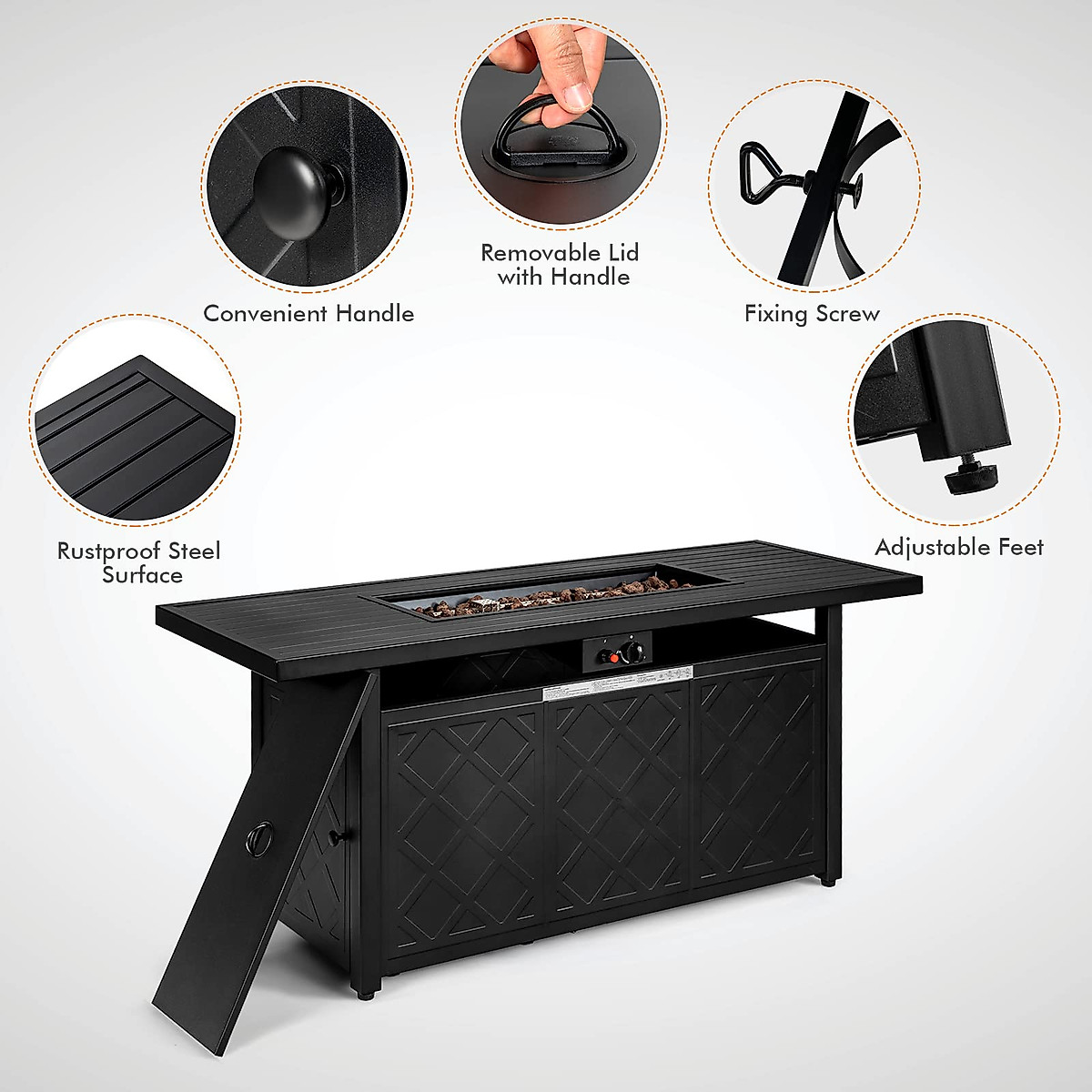 ORALNER Propane Fire Pit Table, 57” Rectangular Outdoor Fire Table 50,000 BTU Fire Pit w/Lid & Lava Rocks Auto Ignition Metal Patio Fireplace, Gas Firepit Table for Outside Yard Balcony Deck, Black