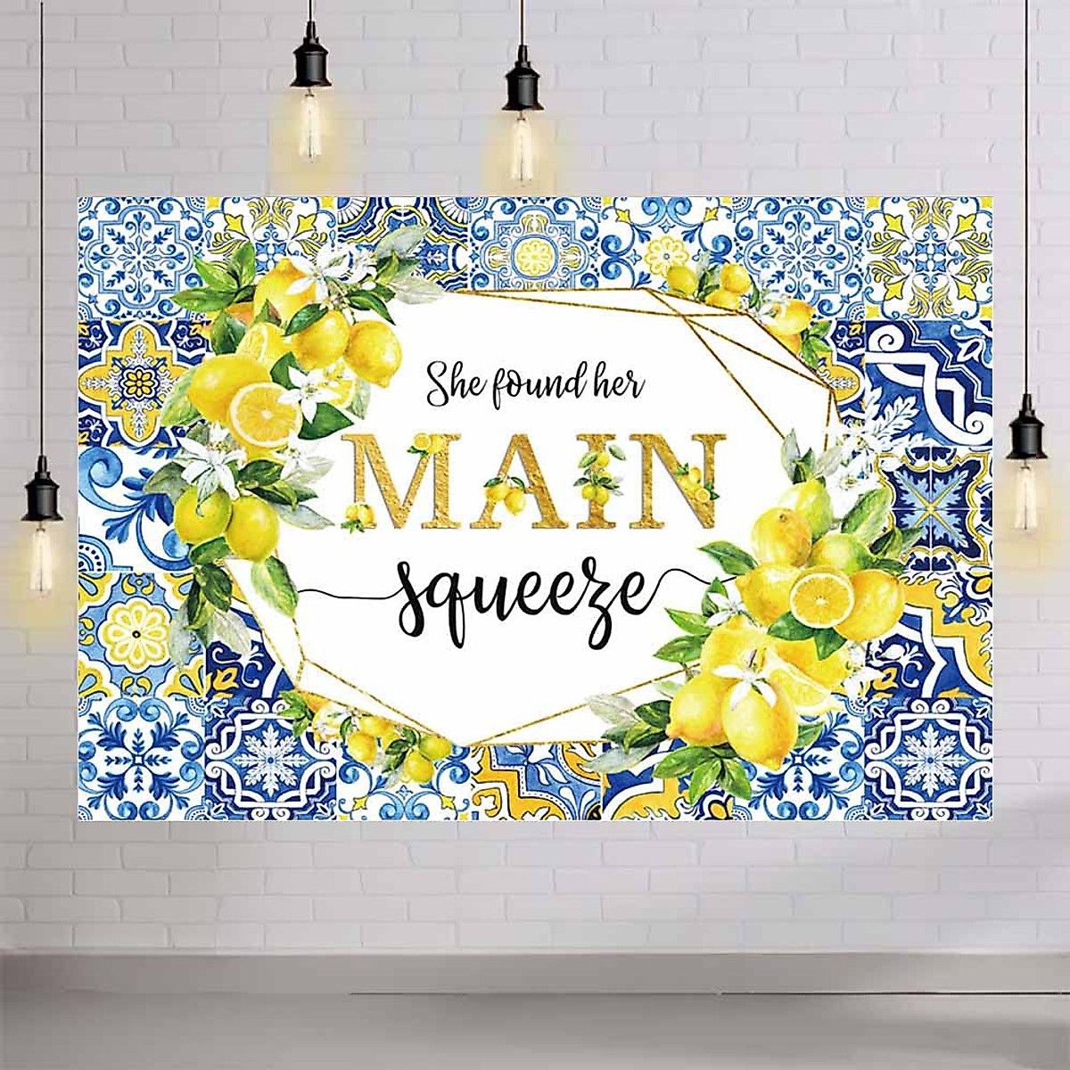 AIBIIN 7x5ft Lemon Bridal Shower Backdrop She Found Her Main Squeeze Engagement Party Photography Background Blue Tile Floral Print Decoration Bachelorette Bride To Be Wedding Photoshoot Prop Supplies
