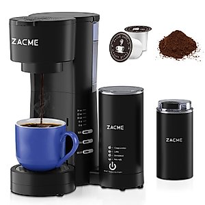 ZACME 4IN1 Single Serve Coffee Maker for K Cup &Ground, Small Coffee Machine with Milk Frother & Grinder, 5 Brew Size, 28oz Water Tank, Adjustable Drip Tray
